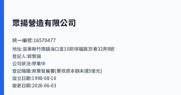 眾揚營造有限公司的照片-統編 16570477(苗栗縣) 公司登記資料與營業項目詳細圖表