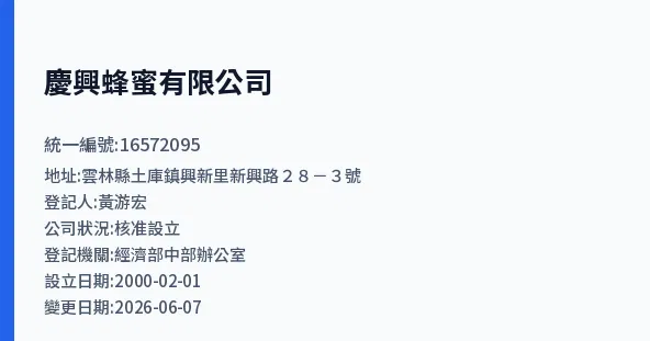 慶興蜂蜜有限公司的照片-統編 16572095(雲林縣) 公司登記資料與營業項目詳細圖表