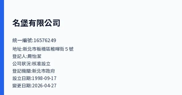 名堡有限公司的照片-統編 16576249(新北市) 公司登記資料與營業項目詳細圖表