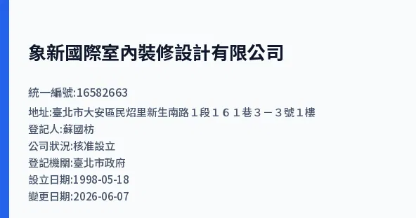 象新國際室內裝修設計有限公司的照片-統編 16582663(臺北市) 公司登記資料與營業項目詳細圖表