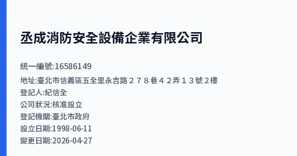 丞成消防安全設備企業有限公司的照片-統編 16586149(臺北市) 公司登記資料與營業項目詳細圖表