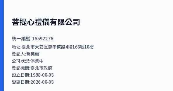 菩提心禮儀有限公司的照片-統編 16592276(臺北市) 公司登記資料與營業項目詳細圖表