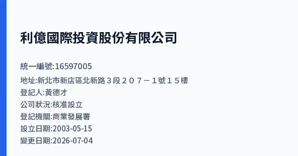 利億國際投資股份有限公司的照片-統編 16597005(新北市) 公司登記資料與營業項目詳細圖表