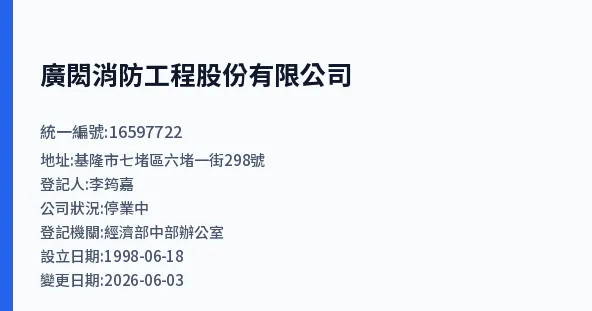 廣閎消防工程股份有限公司的照片-統編 16597722(基隆市) 公司登記資料與營業項目詳細圖表