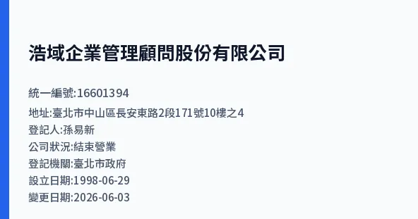 浩域企業管理顧問股份有限公司的照片-統編 16601394(臺北市) 公司登記資料與營業項目詳細圖表