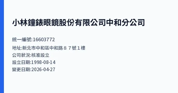 小林鐘錶眼鏡股份有限公司中和分公司的照片-統編 16603772(新北市) 公司登記資料與營業項目詳細圖表