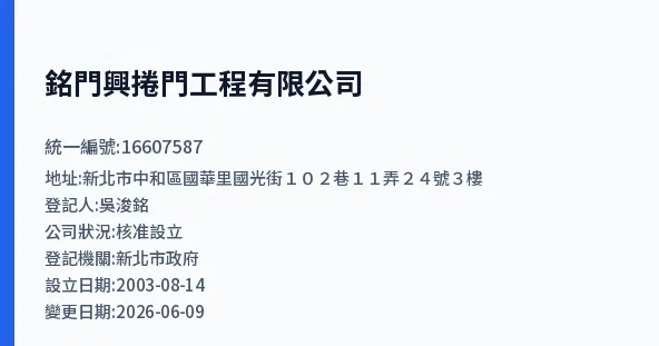 銘門興捲門工程有限公司的照片-統編 16607587(新北市) 公司登記資料與營業項目詳細圖表