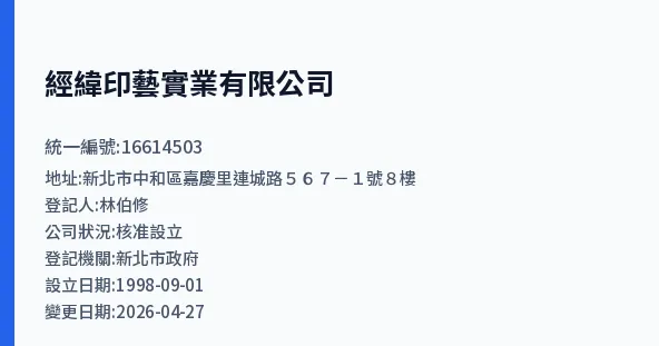 經緯印藝實業有限公司的照片-統編 16614503(新北市) 公司登記資料與營業項目詳細圖表