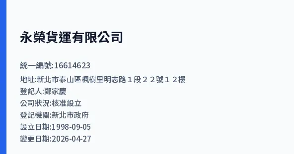 永榮貨運有限公司的照片-統編 16614623(新北市) 公司登記資料與營業項目詳細圖表