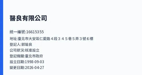 醫良有限公司的照片-統編 16615355(臺北市) 公司登記資料與營業項目詳細圖表
