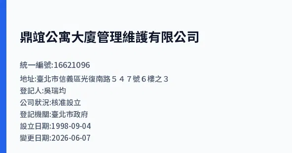 鼎竩公寓大廈管理維護有限公司的照片-統編 16621096(臺北市) 公司登記資料與營業項目詳細圖表