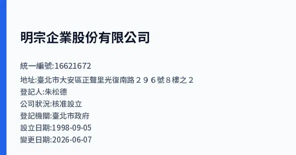 明宗企業股份有限公司的照片-統編 16621672(臺北市) 公司登記資料與營業項目詳細圖表
