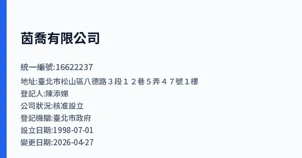 茵喬有限公司的照片-統編 16622237(臺北市) 公司登記資料與營業項目詳細圖表