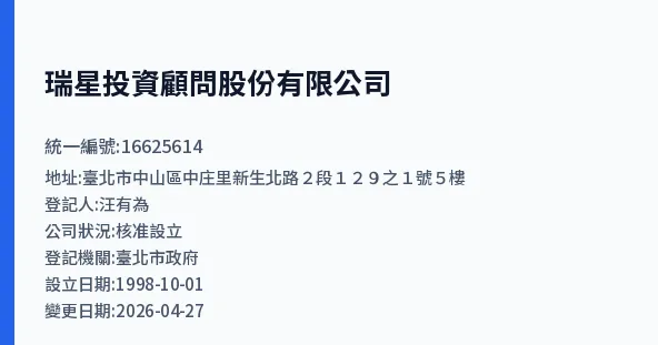 瑞星投資顧問股份有限公司的照片-統編 16625614(臺北市) 公司登記資料與營業項目詳細圖表