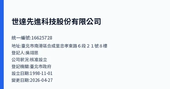 世達先進科技股份有限公司的照片-統編 16625728(臺北市) 公司登記資料與營業項目詳細圖表