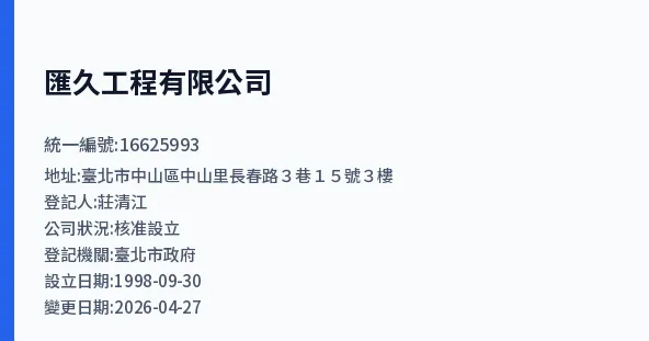 匯久工程有限公司的照片-統編 16625993(臺北市) 公司登記資料與營業項目詳細圖表