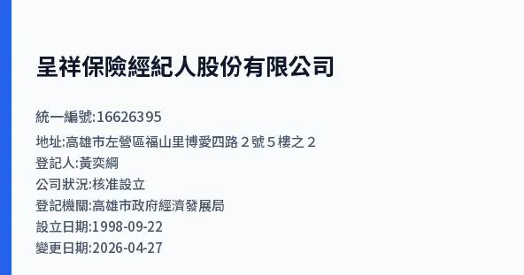 呈祥保險經紀人股份有限公司的照片-統編 16626395(高雄市) 公司登記資料與營業項目詳細圖表
