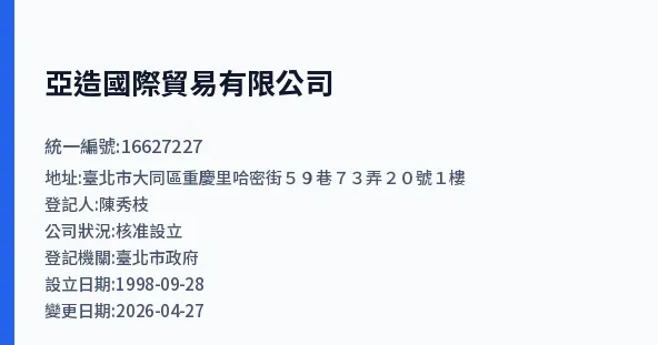亞造國際貿易有限公司的照片-統編 16627227(臺北市) 公司登記資料與營業項目詳細圖表