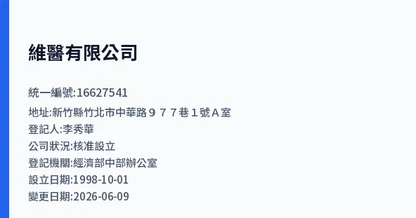 維醫有限公司的照片-統編 16627541(新竹縣) 公司登記資料與營業項目詳細圖表