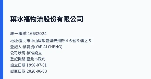 葉水福物流股份有限公司的照片-統編 16632024(臺北市) 公司登記資料與營業項目詳細圖表