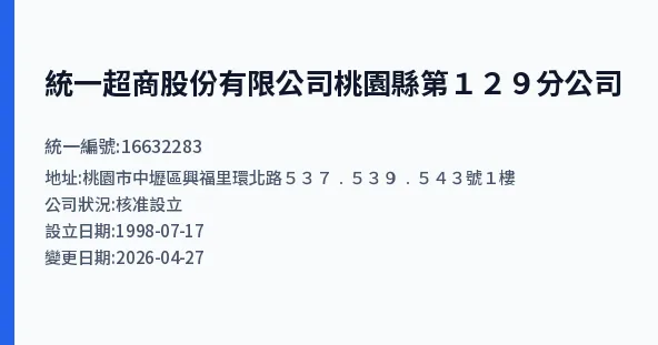 統一超商股份有限公司桃園縣第129分公司的照片-統編 16632283(桃園市) 公司登記資料與營業項目詳細圖表