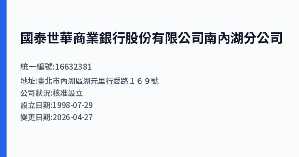 國泰世華商業銀行股份有限公司南內湖分公司的照片-統編 16632381(臺北市) 公司登記資料與營業項目詳細圖表