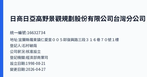 日商日亞高野景觀規劃股份有限公司台灣分公司的照片-統編 16632734(宜蘭縣) 公司登記資料與營業項目詳細圖表