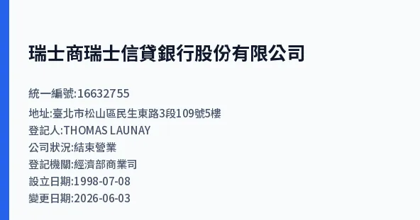 瑞士商瑞士信貸銀行股份有限公司的照片-統編 16632755(臺北市) 公司登記資料與營業項目詳細圖表
