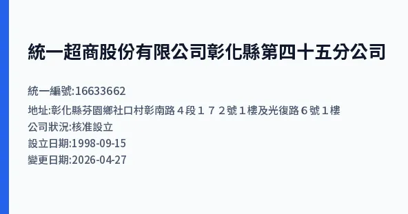 統一超商股份有限公司彰化縣第四十五分公司的照片-統編 16633662(彰化縣) 公司登記資料與營業項目詳細圖表