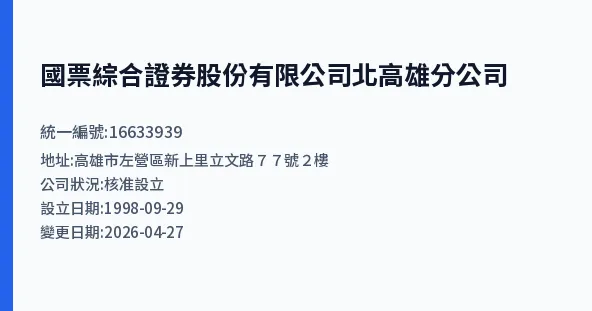 國票綜合證券股份有限公司北高雄分公司的照片-統編 16633939(高雄市) 公司登記資料與營業項目詳細圖表
