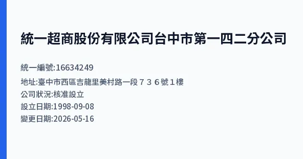 統一超商股份有限公司台中市第一四二分公司的照片-統編 16634249(臺中市) 公司登記資料與營業項目詳細圖表