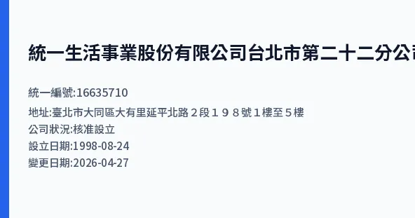 統一生活事業股份有限公司台北市第二十二分公司的照片-統編 16635710(臺北市) 公司登記資料與營業項目詳細圖表