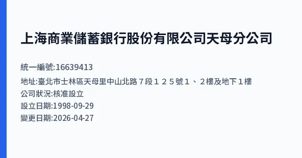 上海商業儲蓄銀行股份有限公司天母分公司的照片-統編 16639413(臺北市) 公司登記資料與營業項目詳細圖表