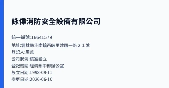 詠偉消防安全設備有限公司的照片-統編 16641579(雲林縣) 公司登記資料與營業項目詳細圖表