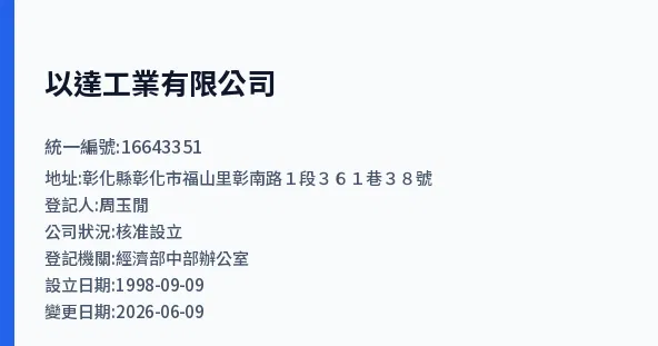 以達工業有限公司的照片-統編 16643351(彰化縣) 公司登記資料與營業項目詳細圖表