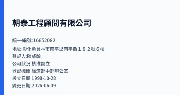 朝泰工程顧問有限公司的照片-統編 16652082(彰化縣) 公司登記資料與營業項目詳細圖表