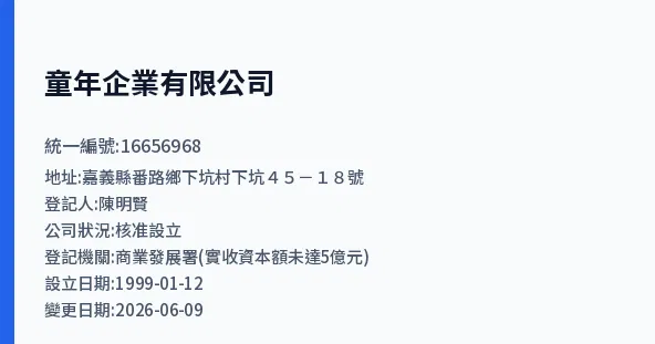 童年企業有限公司的照片-統編 16656968(嘉義縣) 公司登記資料與營業項目詳細圖表