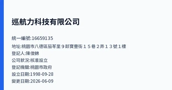 巡航力科技有限公司的照片-統編 16659135(桃園市) 公司登記資料與營業項目詳細圖表