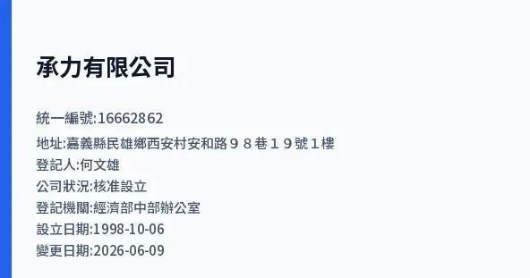 承力有限公司的照片-統編 16662862(嘉義縣) 公司登記資料與營業項目詳細圖表