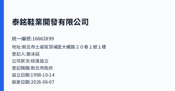 泰銘鞋業開發有限公司的照片-統編 16662899(新北市) 公司登記資料與營業項目詳細圖表