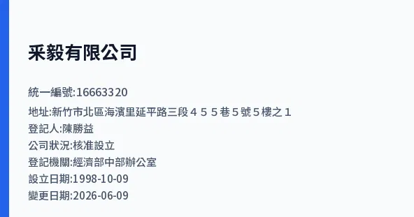 釆毅有限公司的照片-統編 16663320(新竹市) 公司登記資料與營業項目詳細圖表