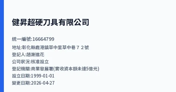 健昇超硬刀具有限公司的照片-統編 16664799(彰化縣) 公司登記資料與營業項目詳細圖表