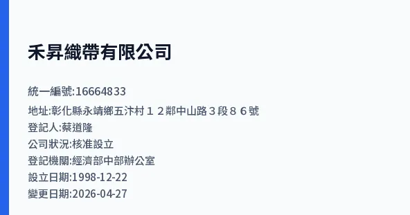 禾昇織帶有限公司的照片-統編 16664833(彰化縣) 公司登記資料與營業項目詳細圖表