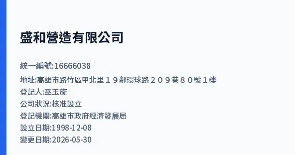盛和營造有限公司的照片-統編 16666038(高雄市) 公司登記資料與營業項目詳細圖表