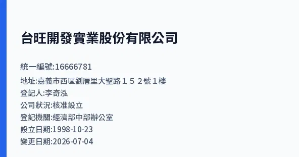 台旺開發實業股份有限公司的照片-統編 16666781(嘉義市) 公司登記資料與營業項目詳細圖表