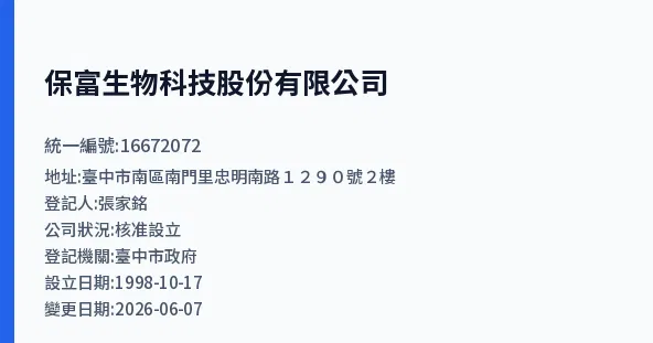 保富生物科技股份有限公司的照片-統編 16672072(臺中市) 公司登記資料與營業項目詳細圖表