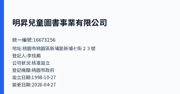 明昇兒童圖書事業有限公司的照片-統編 16673256(桃園市) 公司登記資料與營業項目詳細圖表