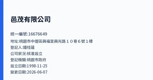 邑茂有限公司的照片-統編 16676649(桃園市) 公司登記資料與營業項目詳細圖表