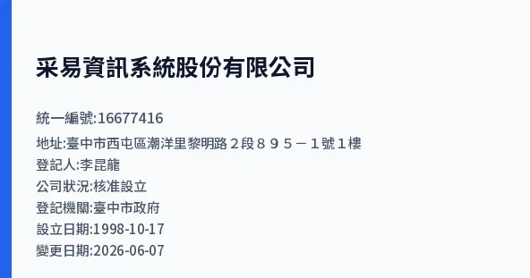 采易資訊系統股份有限公司的照片-統編 16677416(臺中市) 公司登記資料與營業項目詳細圖表