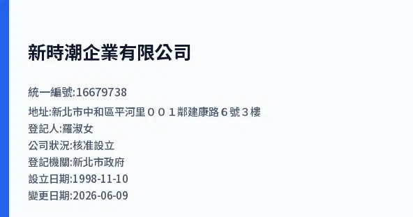 新時潮企業有限公司的照片-統編 16679738(新北市) 公司登記資料與營業項目詳細圖表